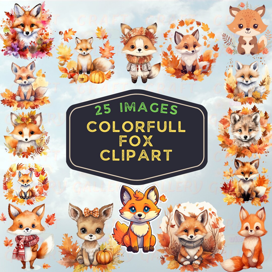 Colorful Fox Clipart, Watercolor Fox Digital Image, Watercolor Cute ...