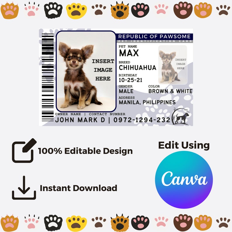 Pet-tastic ID Card: Paw-dentity at Its Best Pet ID Card Editable in ...