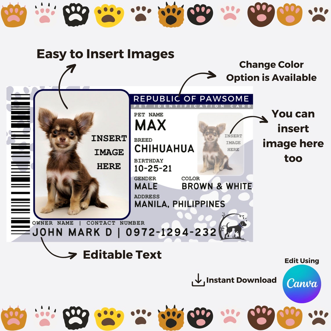 Pet-tastic ID Card: Paw-dentity at Its Best Pet ID Card Editable in ...