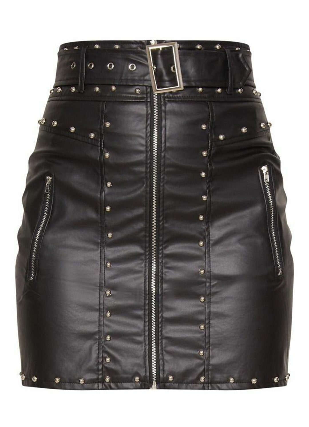 Women Mini Studded Skirt Genuine Lambskin Black Leather Party and ...