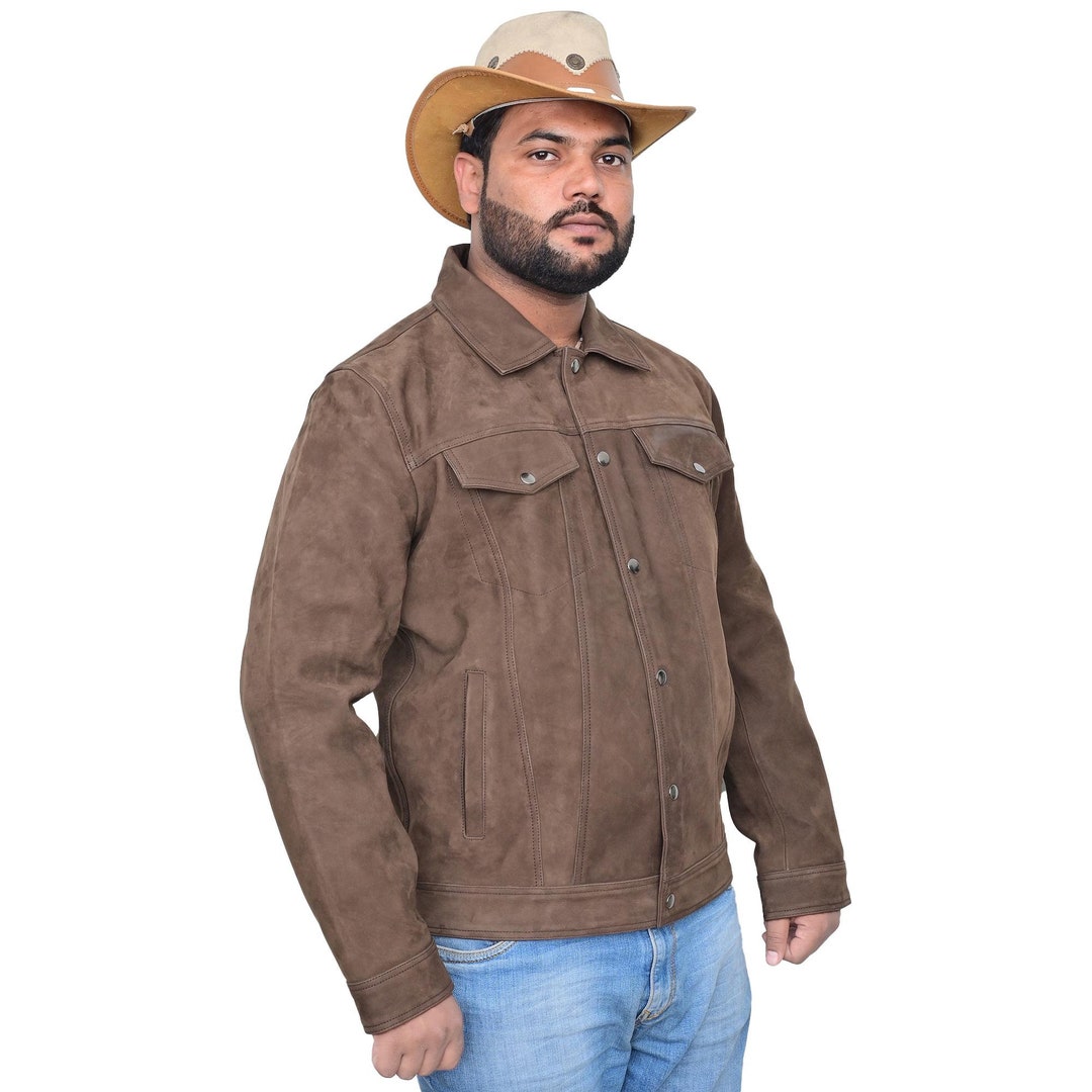 Mens Brown Nubuck Leather Trucker Jacket: Western Cowboy Style - Etsy