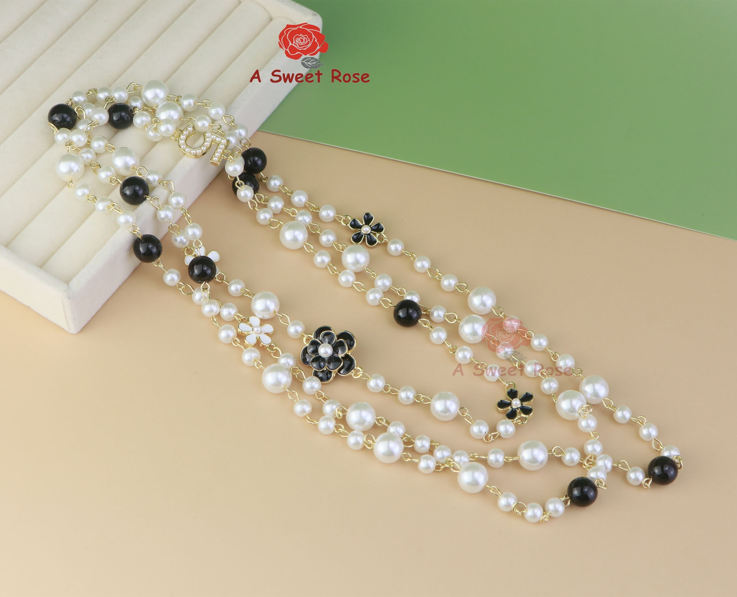 Layered Pearl Necklace,multi-layer Camellia Long Necklace,rose Flower ...