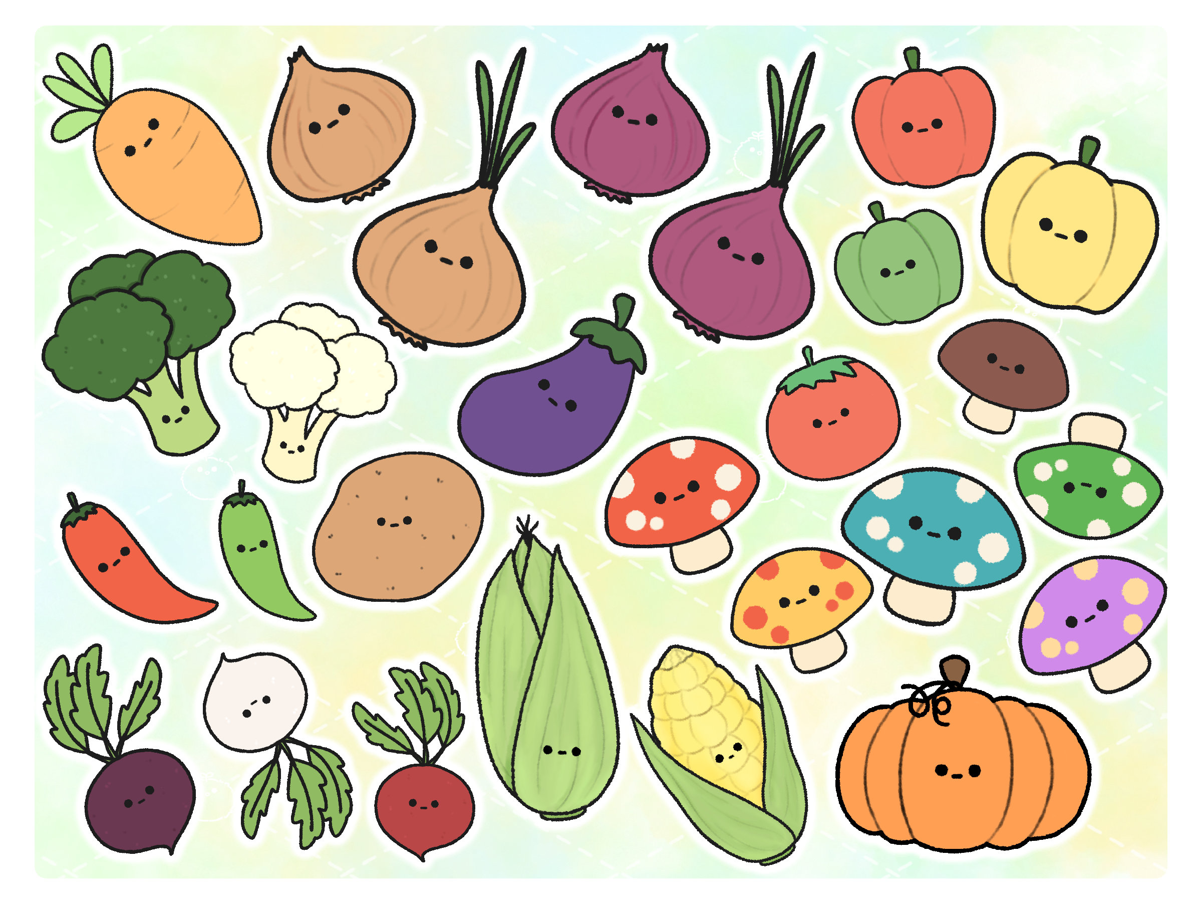 Cute Vegetable Character Doodle Art Set Hand Drawn - Etsy