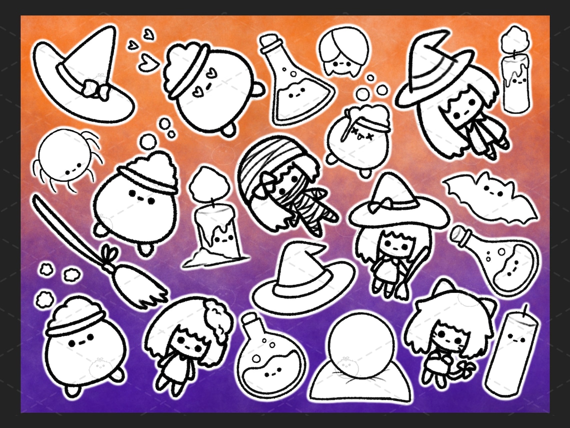 Cute Halloween Character Doodle Art Set Hand Drawn - Etsy