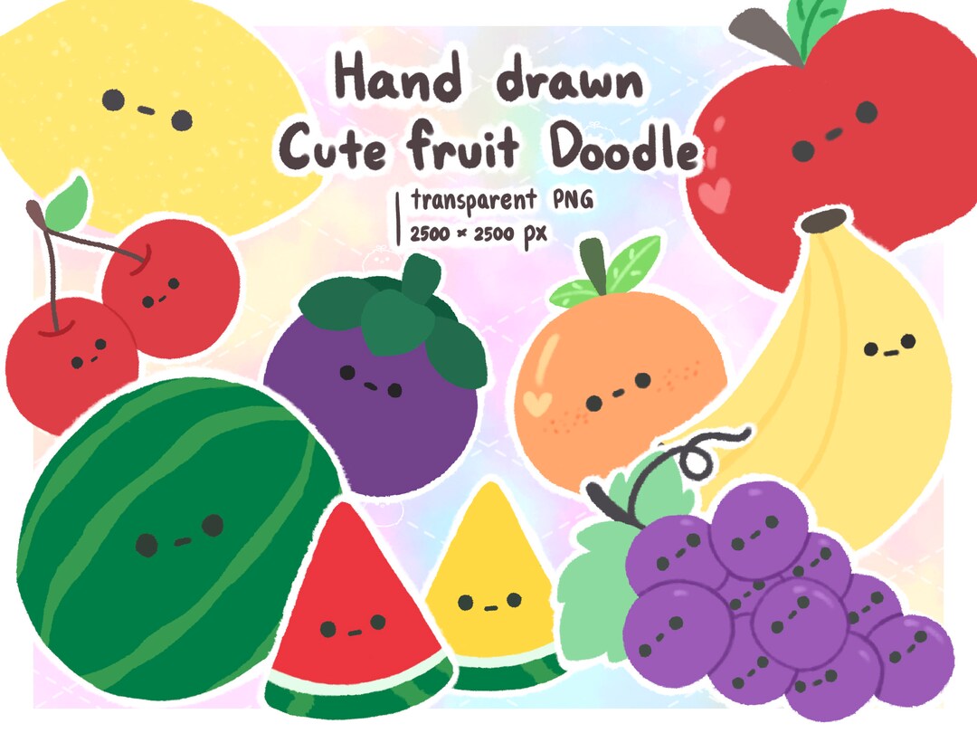 Cute Fruit Character Doodle Art Set Hand Drawn - Etsy