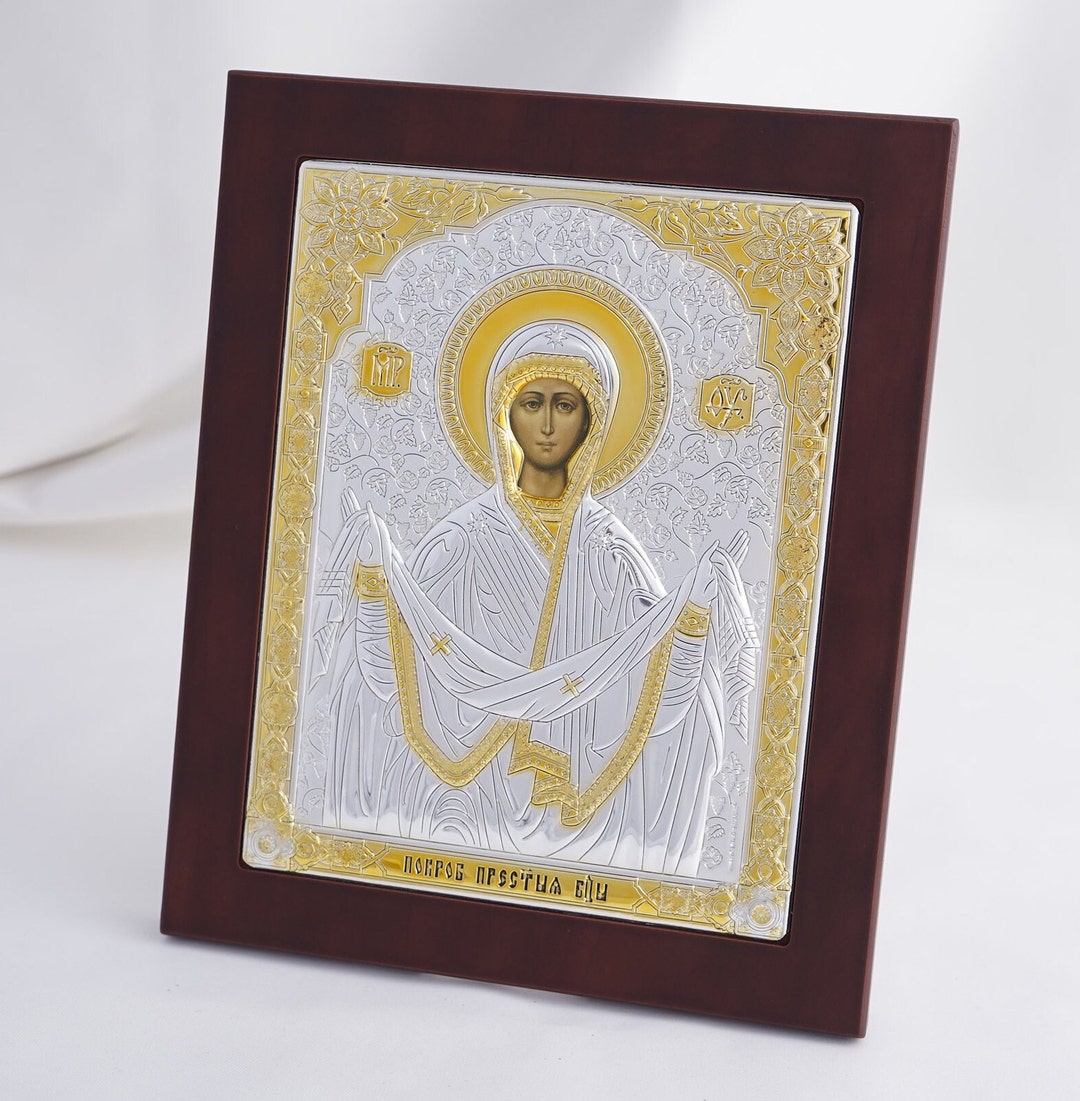 PROTECTION of the Blessed VIRGIN MARY, Greek Icons, Silver Handmade ...