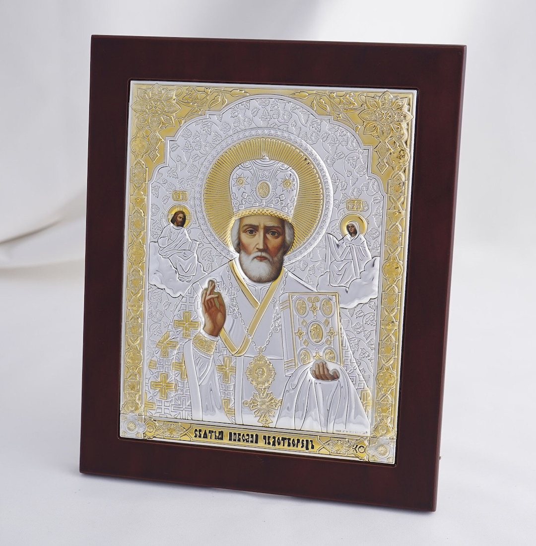 Greek Icons, Brown Icon of SAINT NICHOLAS, Silver Handmade Icons ...