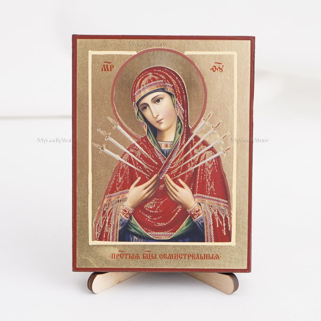 Icon of Mother of GOD SEVEN SWORDS, Icons on Gold, Handmade Orthodox ...