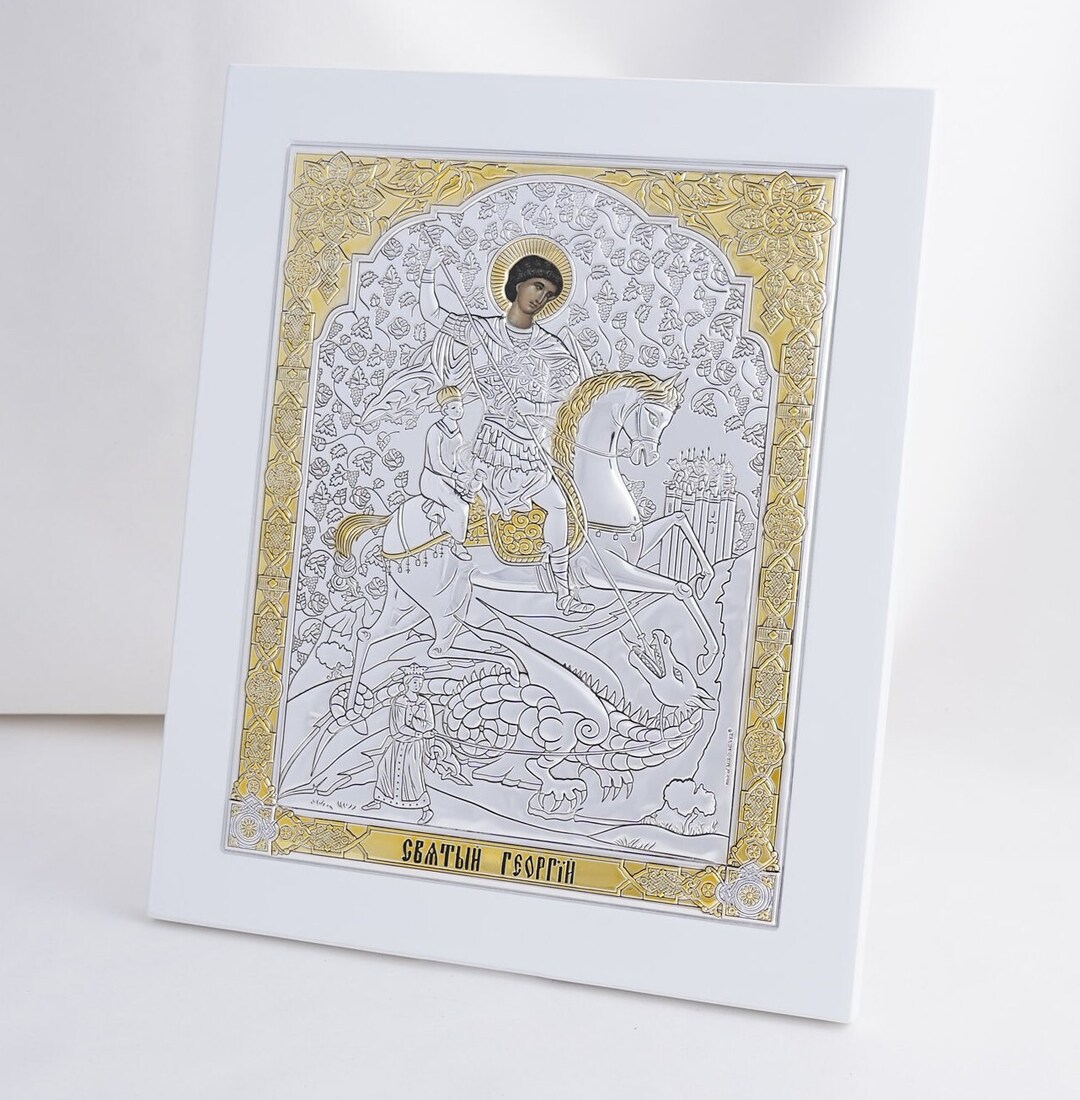 Greek Icons, White Icon of the SAINT GEORGE, Silver Handmade Icons ...