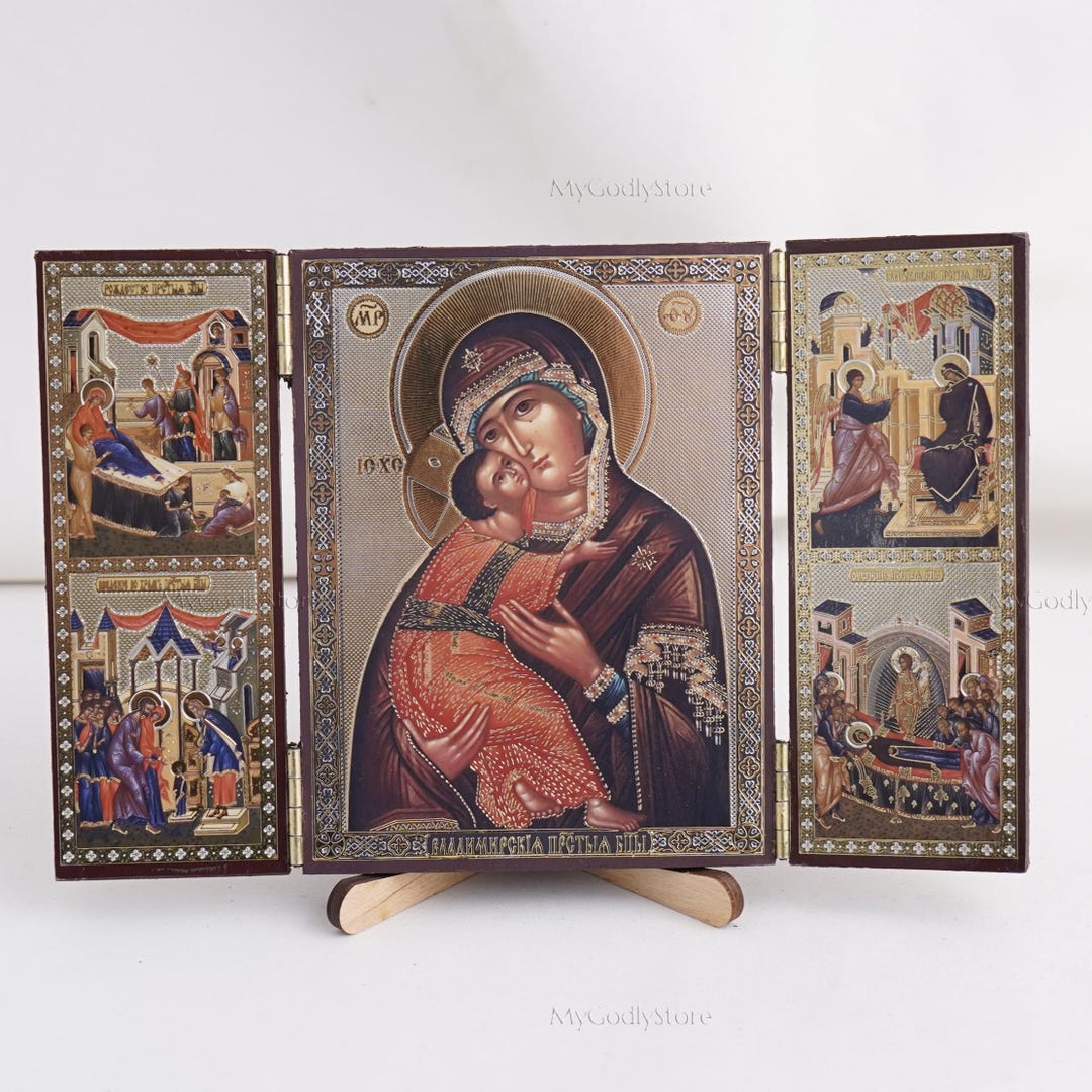 Triptych Orthodox Icons, OUR LADY of VLADIMIR Icon, Handmade Orthodox Icon of Mother of God ...