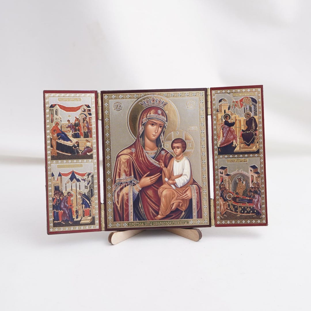 Triptych Orthodox Icon, Icon of of MOTHER of GOD Quick to Hearken, Handmade Orthodox Icon of ...