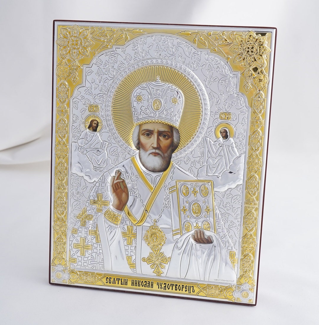 Greek Icons, Brown Icon of SAINT NICHOLAS, Silver Handmade Icons ...