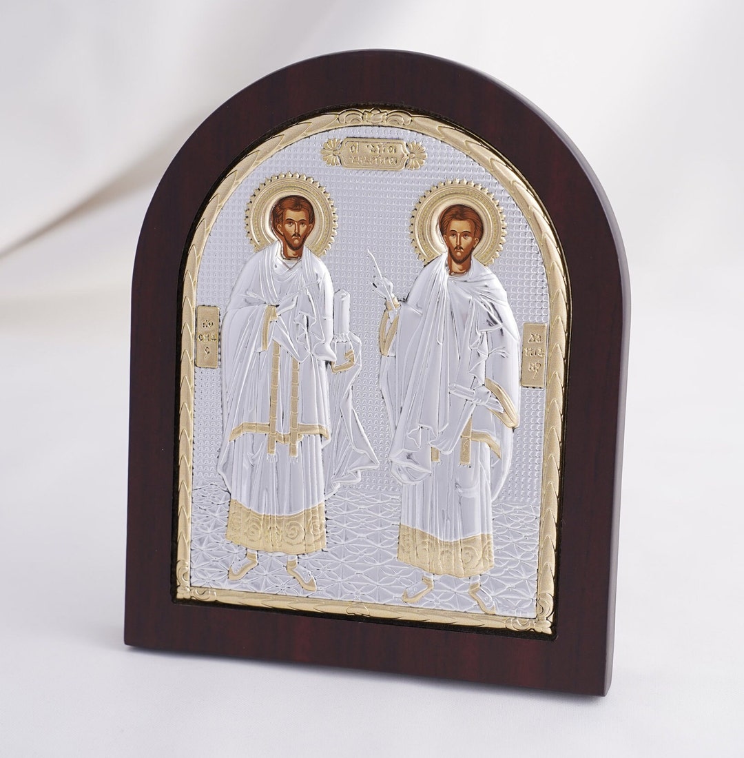 Icon of Sts. COSAMAS & DAMIAN, Greek Icons, Silver Handmade Orthodox ...