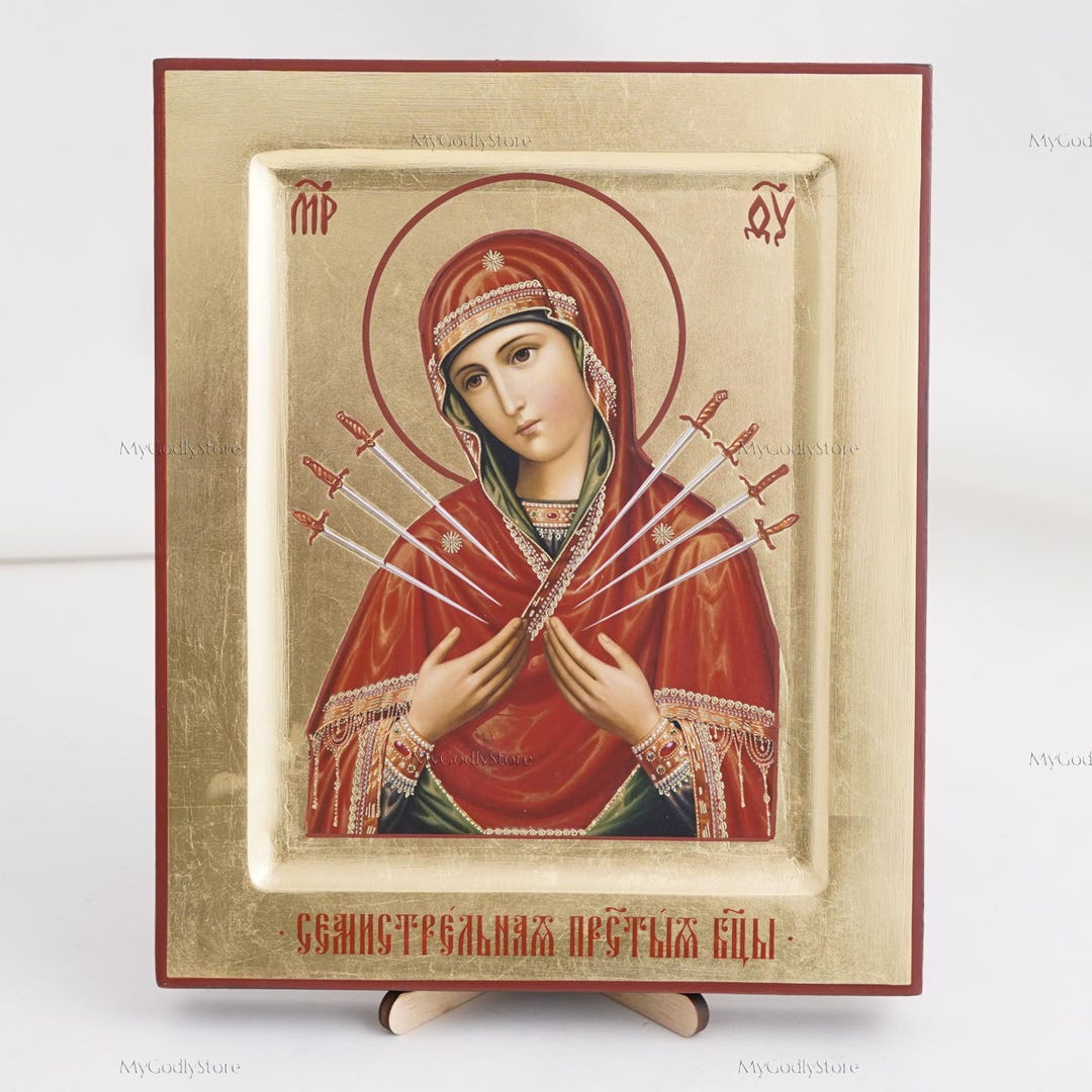 Icon of Mother of GOD SEVEN SWORDS, Icons on Gold, Handmade Orthodox ...