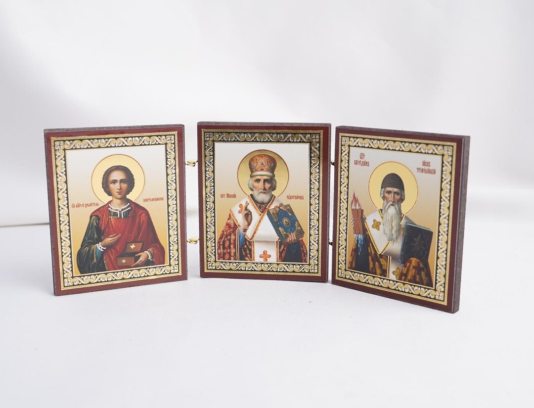Triptych Orthodox Icons, Saint PANTELEIMON, Saint NICHOLAS and Saint SPYRIDON Orthodox Icon ...