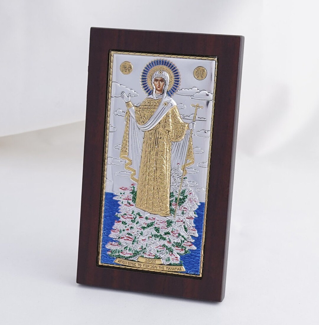 Greek Icons, Brown Icon of the MOTHER of GOD of ATHOS, Silver Handmade ...