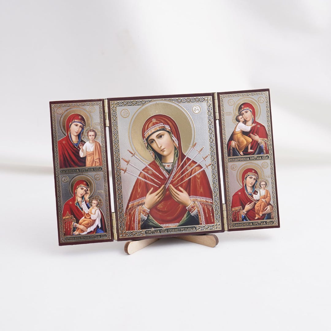 Triptych Orthodox Icon, Icon of of MOTHER of GOD Seven Swords, Handmade Orthodox Icon of Mother ...