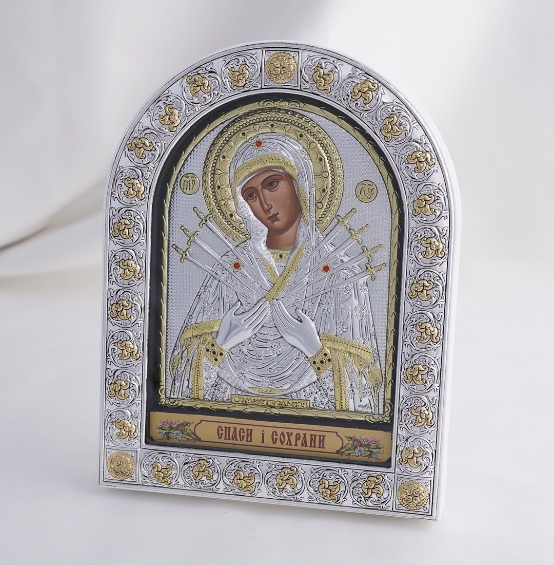 Holy Virgin MARY of SEVEN SWORDS, Greek Icons, Silver Handmade Orthodox ...