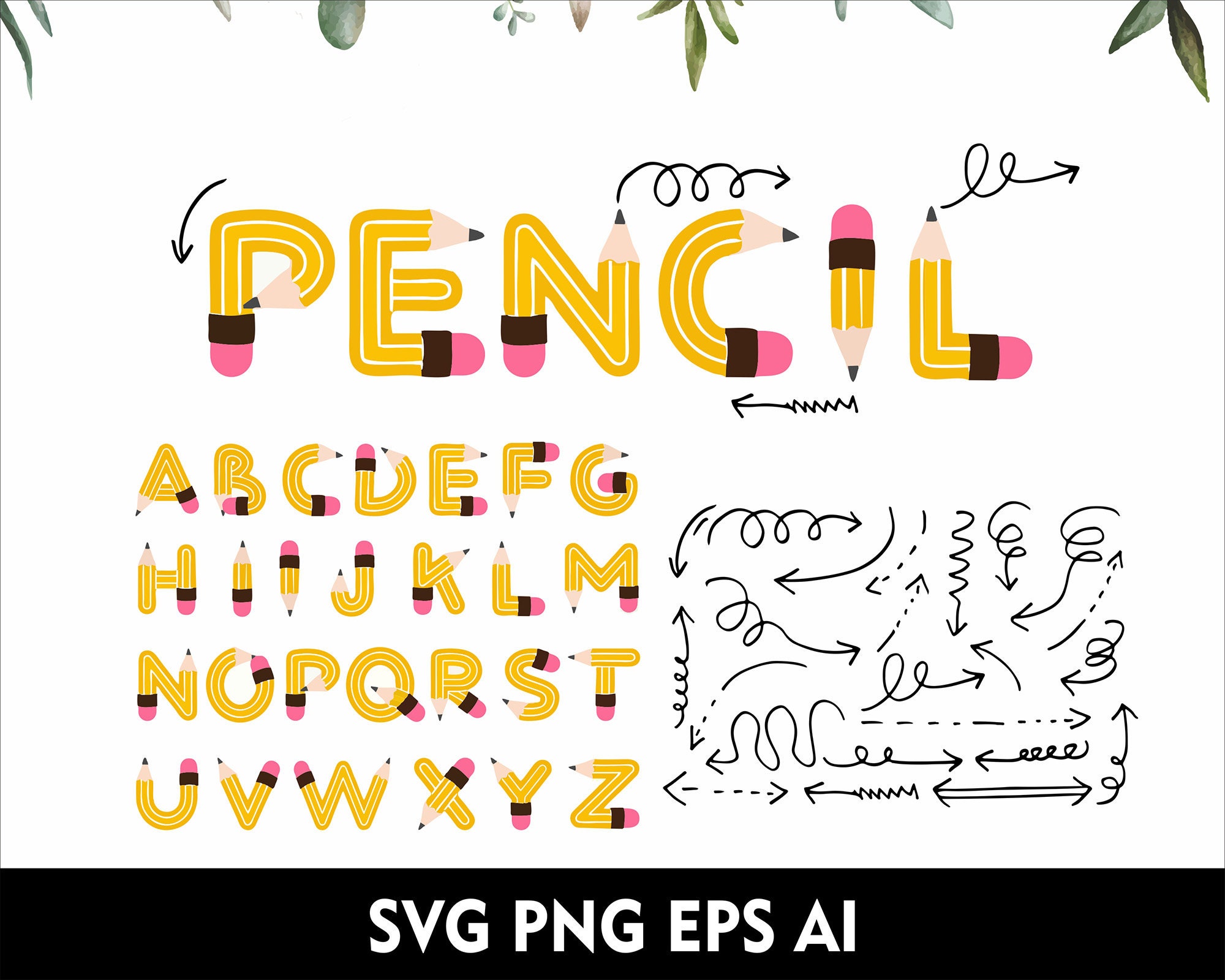 Pencil Alphabet Doodle Pencils Letters Svg Cute Pencil Lines Clipart ...