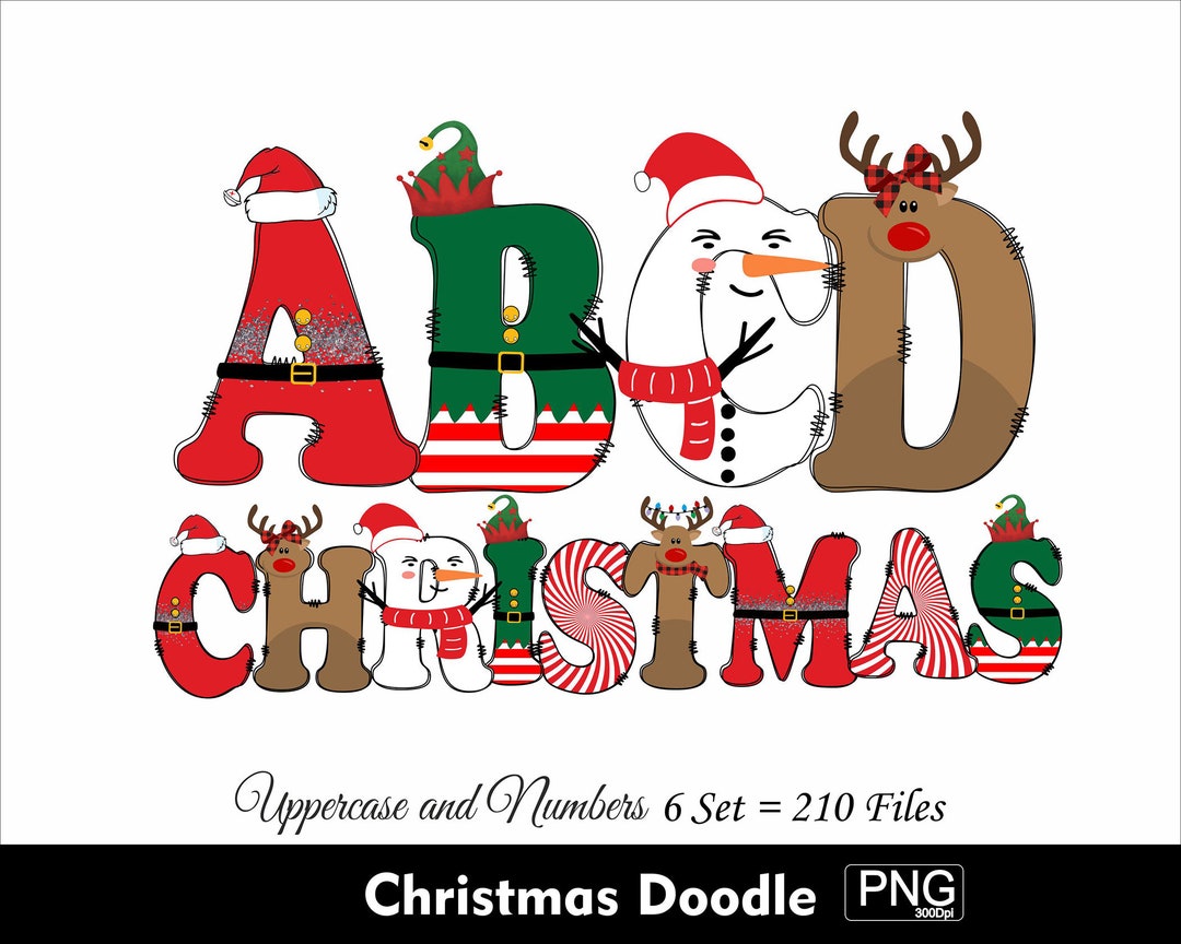 Christmas Doodle Alphabet BUNDLE 6 Set PNG Christmas Letters Santa Elf ...