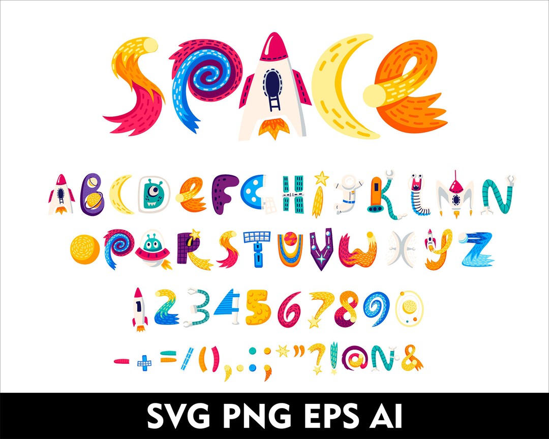 Cartoon Space Alphabet Kids Space Doodle Font Deep Space Alphabet ...