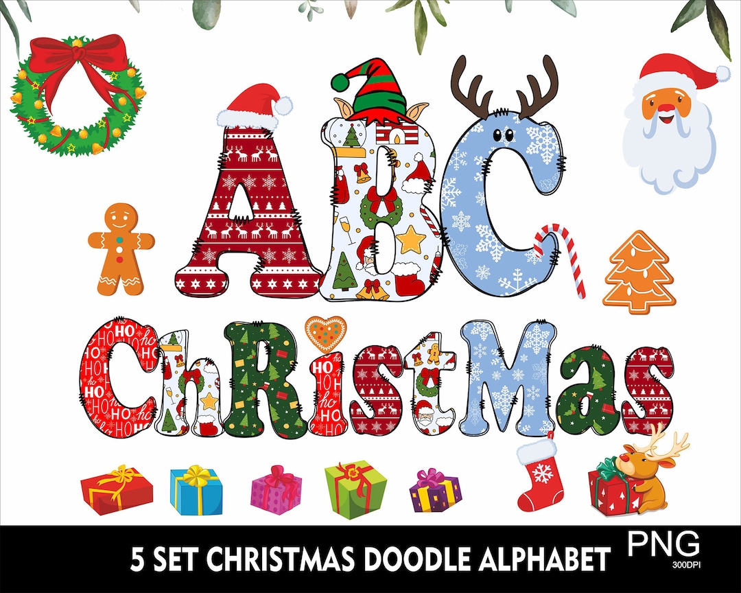 Christmas Doodle Alphabet Merry Christmas Letters and Clipart PNG Font ...