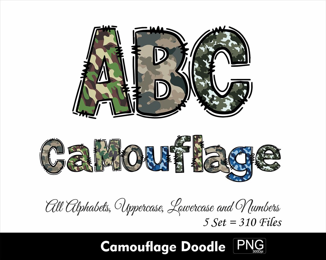 Doodle Camouflage Alphabet BUNDLE 5 Set PNG Letters Camo Font Navy ...