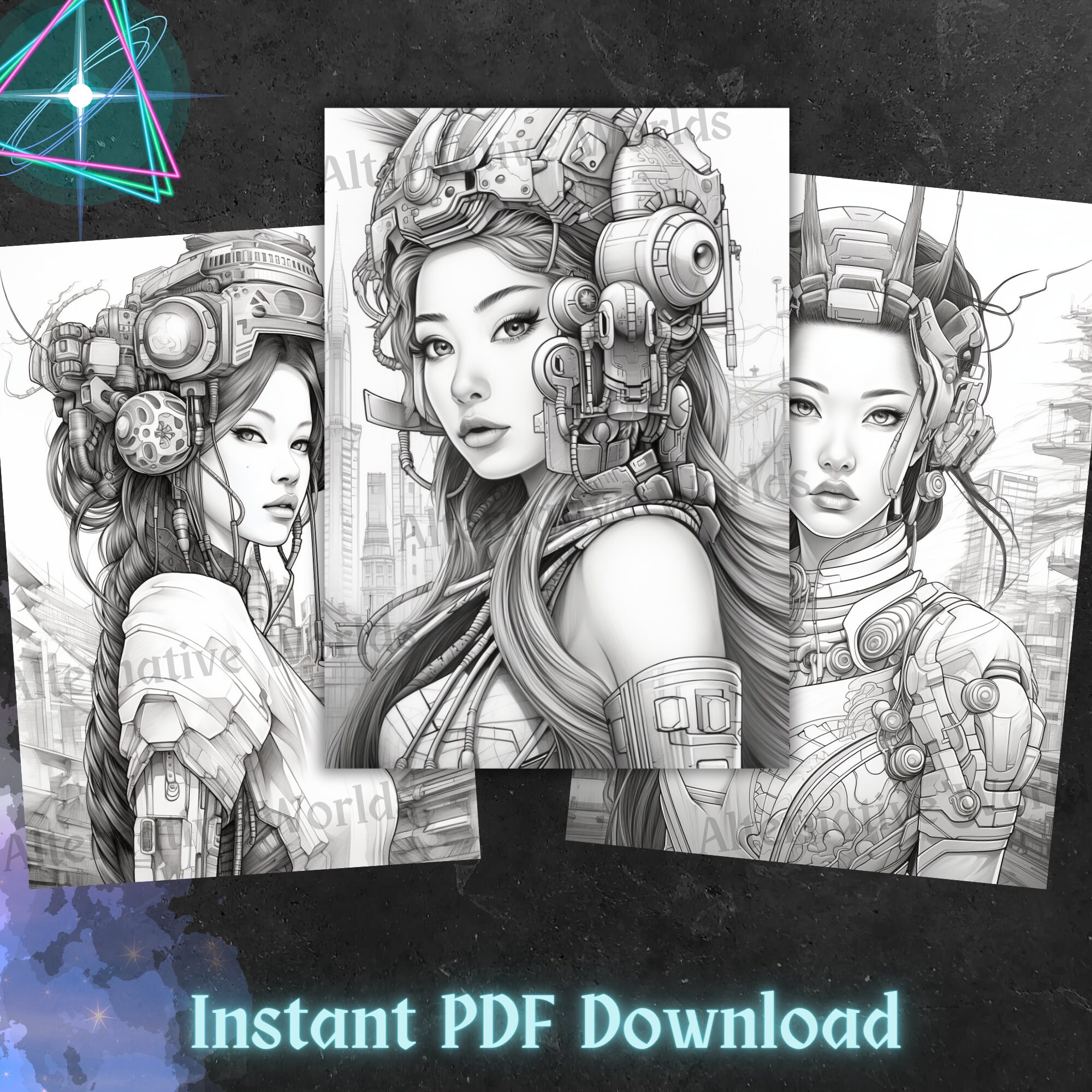 Cyberpunk Anime Geisha Fantasy Coloring Book, Cyborg Adult Coloring ...