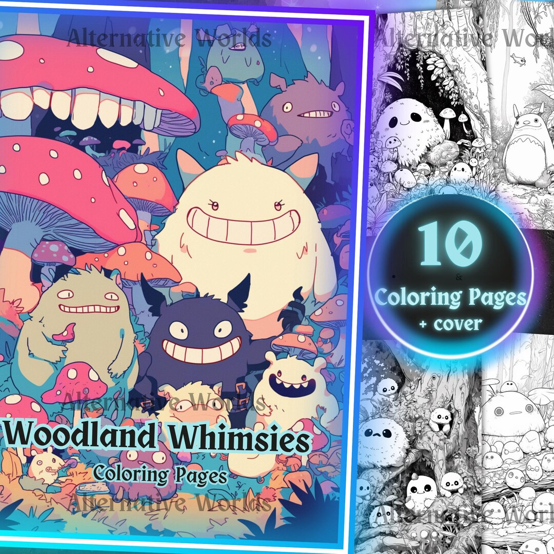 Spooky Cute Forest Creatures Coloring Page, Fantasy Woodland Monsters ...