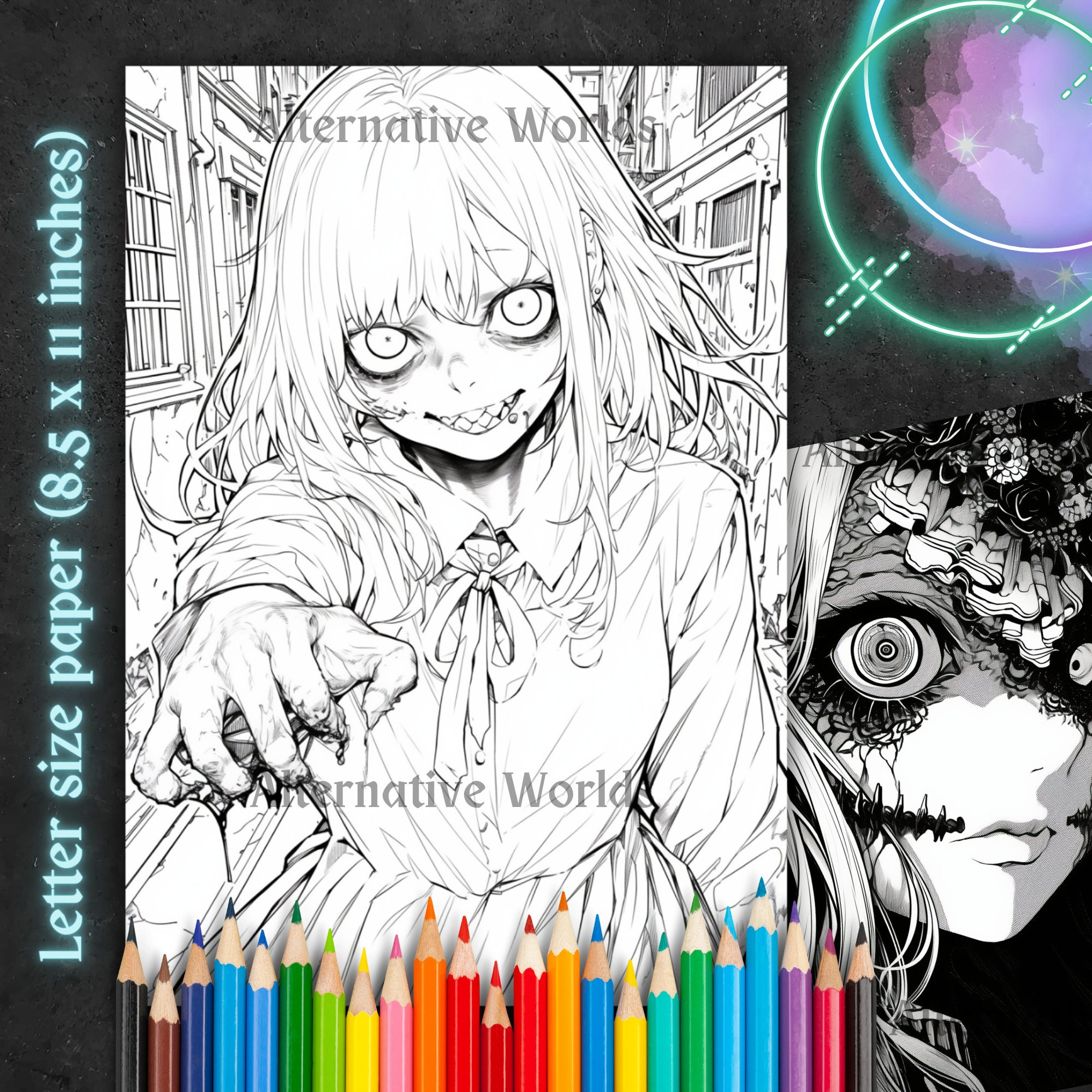 Macabre Gothic Scary Creepy Anime Girl Coloring Page, Dark Anime ...