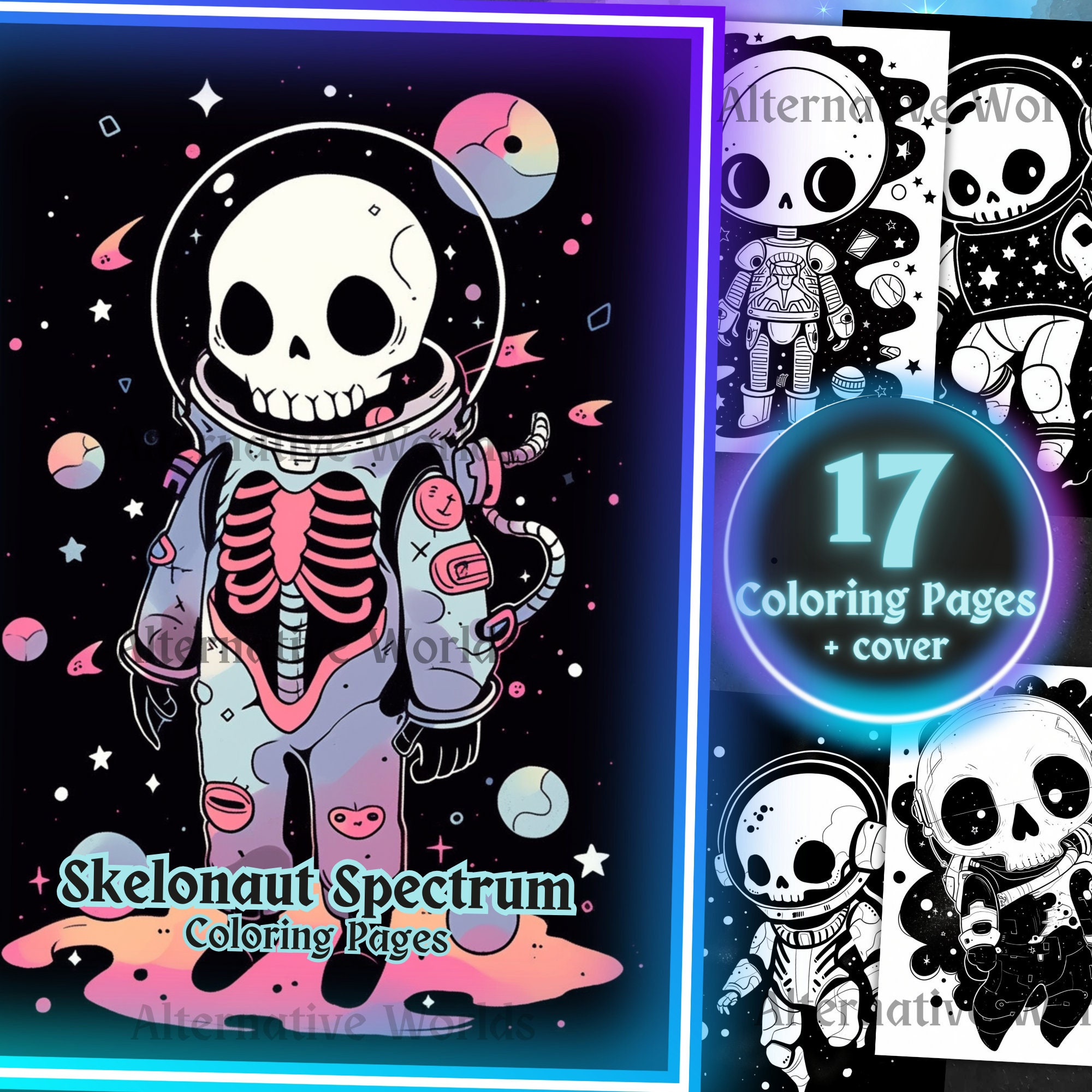 Outer Space Printable Skeleton Astronaut Gothic Coloring Page, Creepy ...
