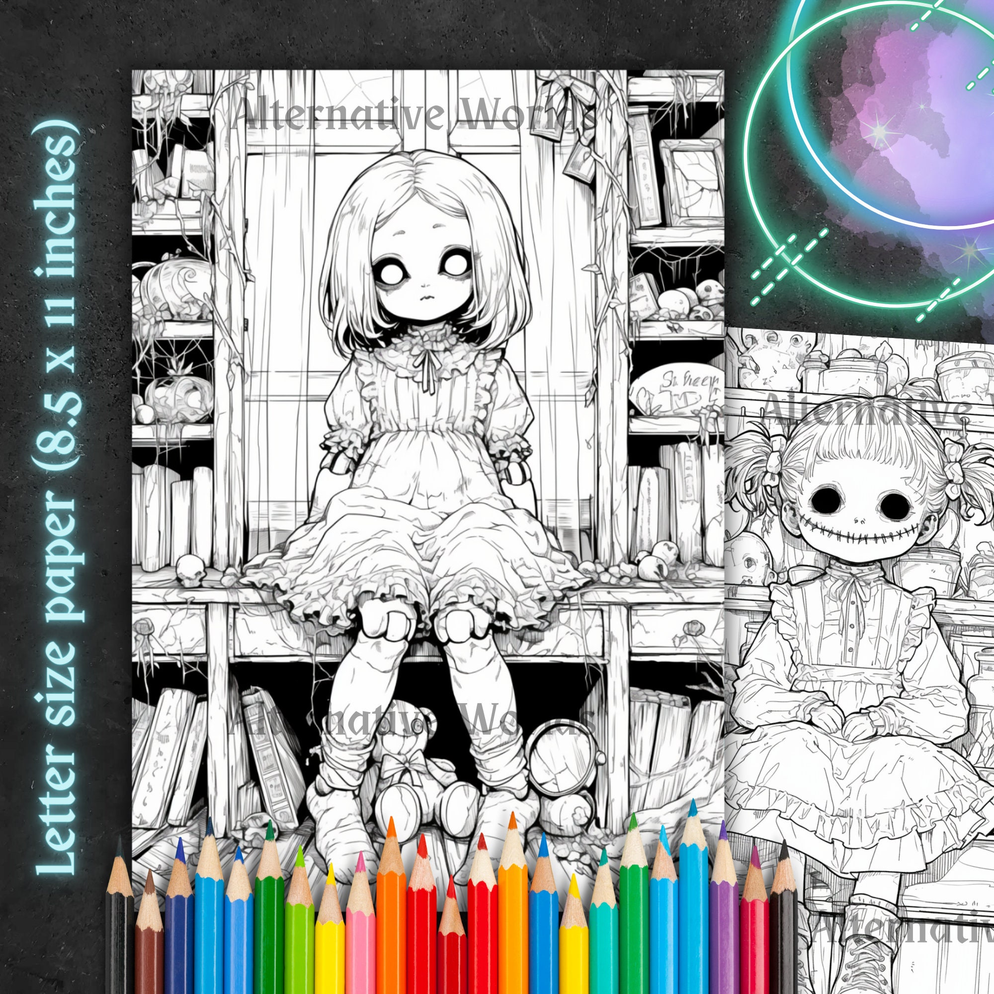 Horror Gothic Anime Creepy Doll Coloring Page, Haunted Doll Spooky ...