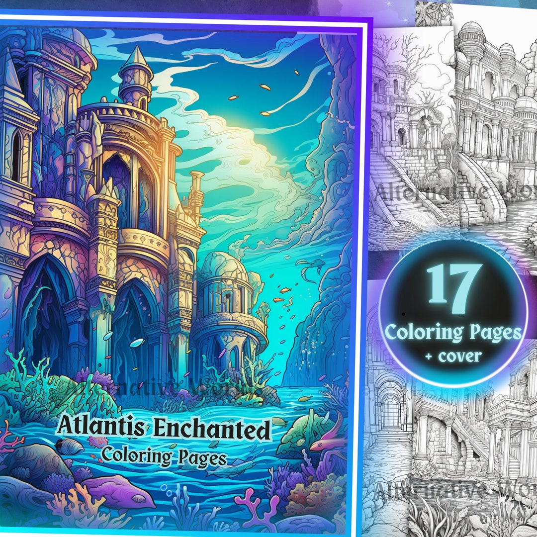 Ocean Atlantis Underwater City Coloring Book, Under the Sea Grayscale ...