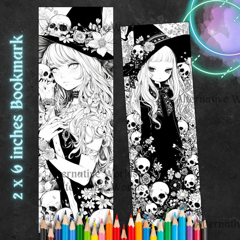 Goth Kawaii Witch Printable Coloring Bookmark Png, Anime Witchy Digital ...
