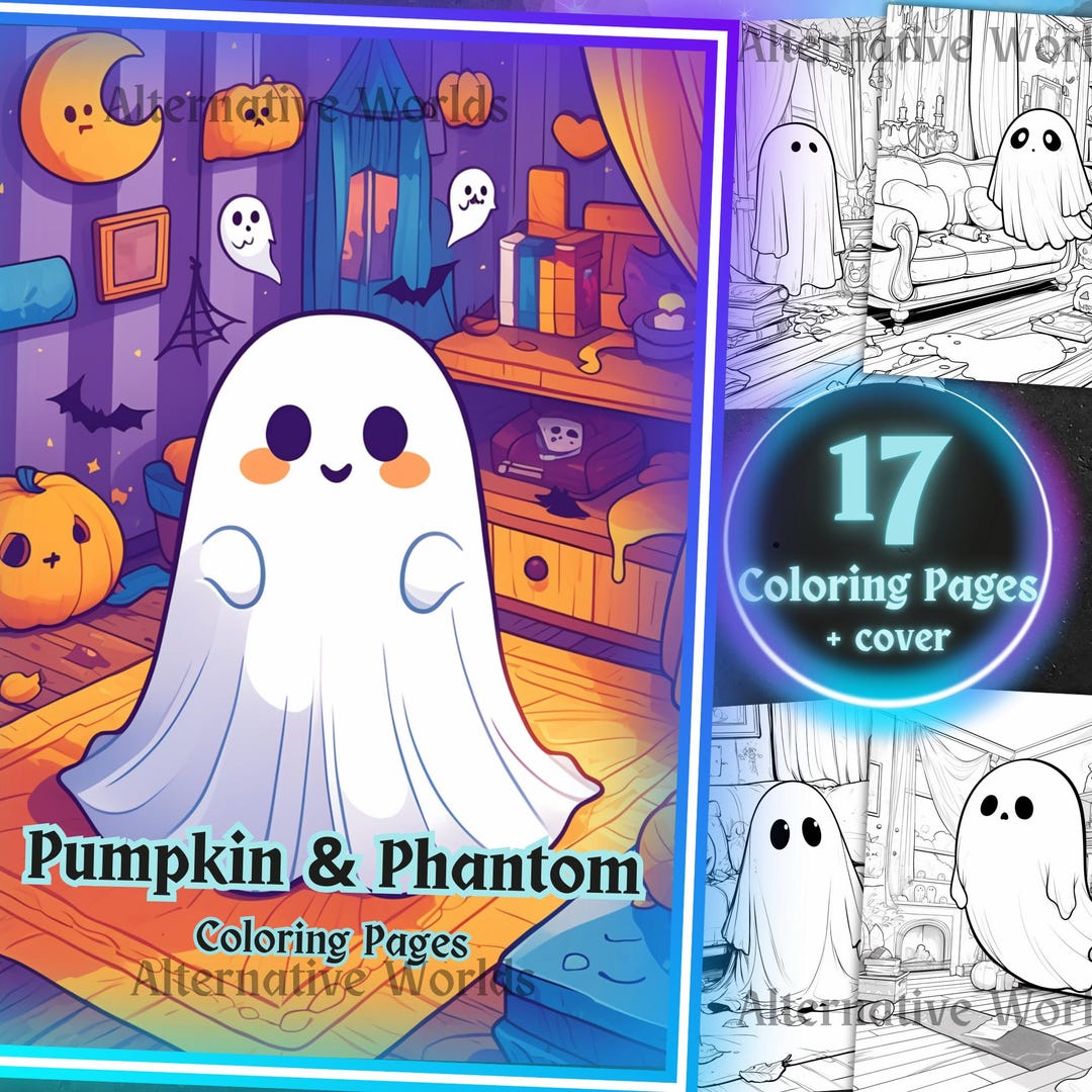 Cute Ghost Halloween Coloring Page, Spooky Kawaii Ghost in a Room ...