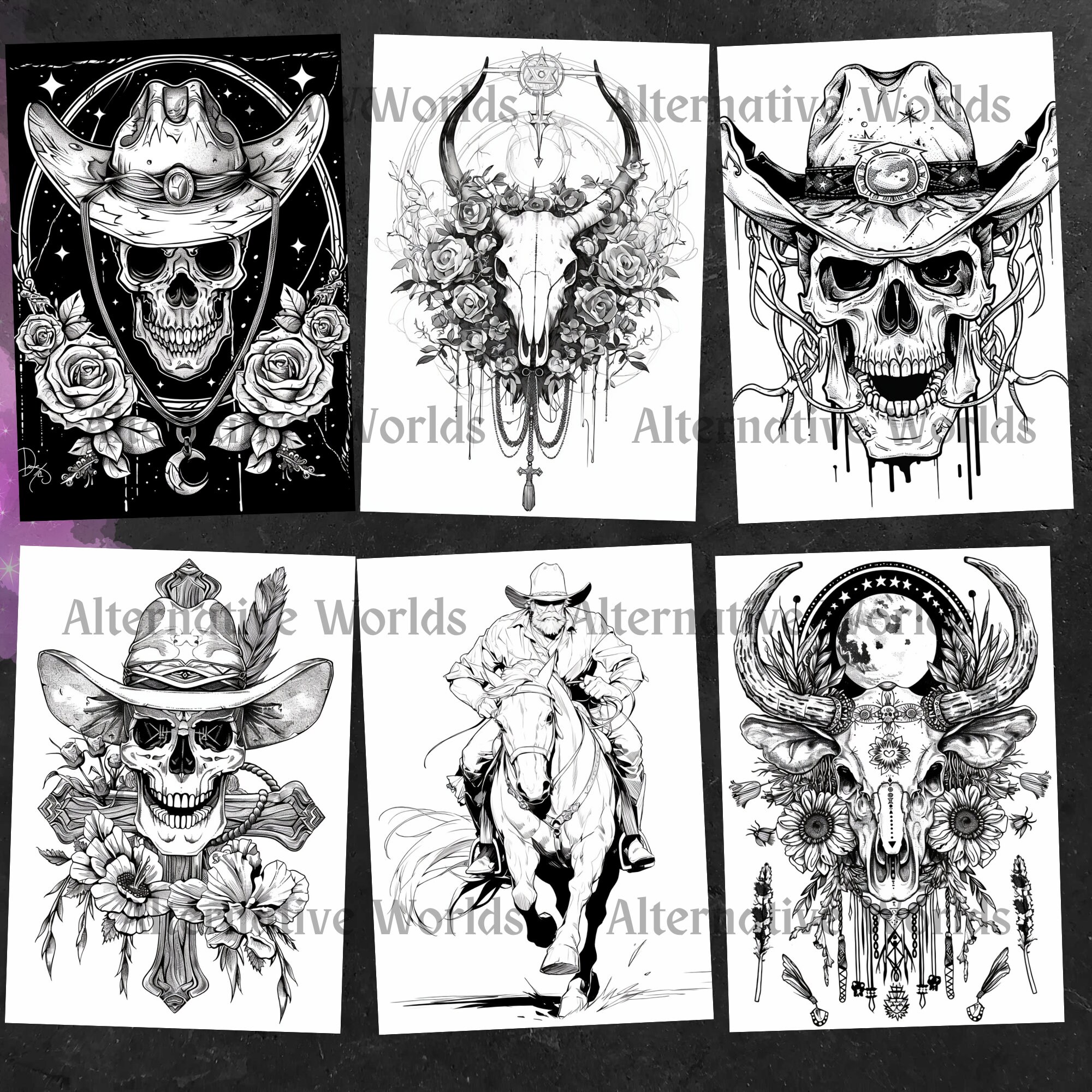 Gothic Western Cowboy Wild West Coloring Page, Rodeo Coloring Sheet ...