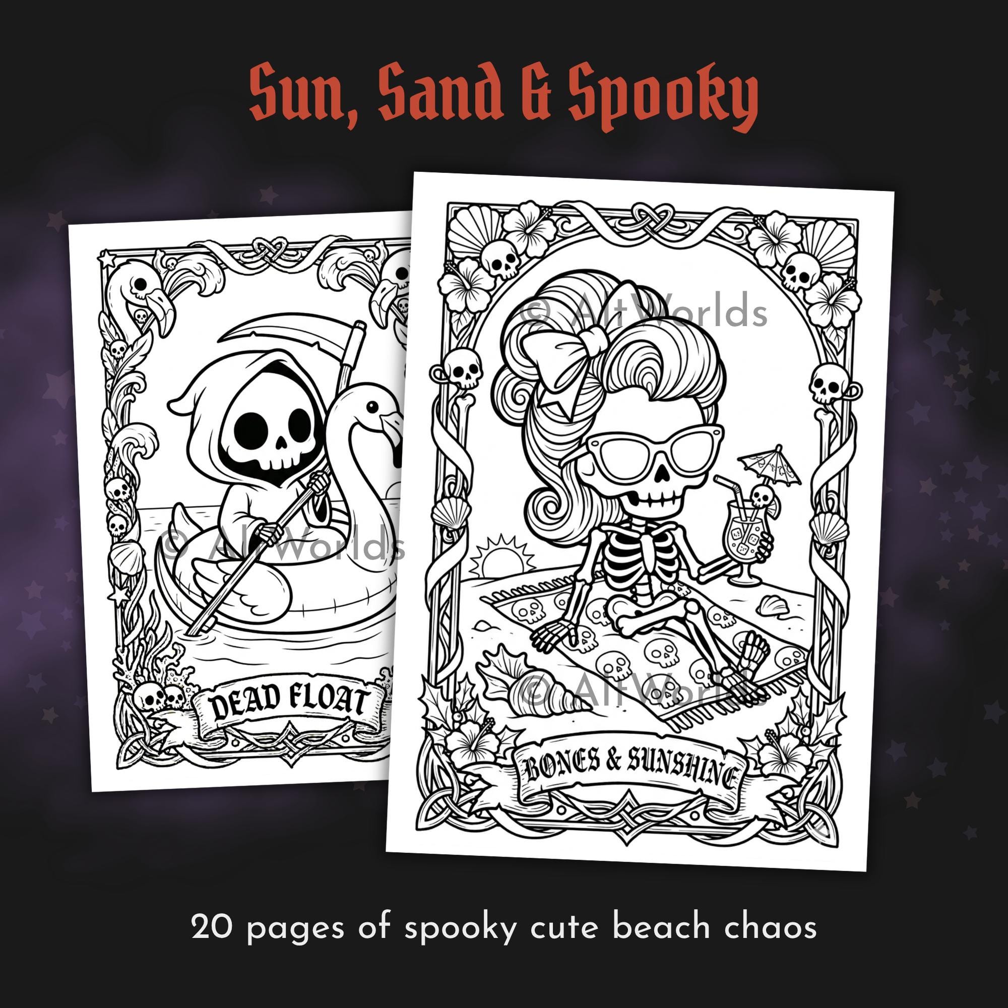 Spooky Cutie Summerween Coloring Pages - Gothic Beach PDF - Etsy