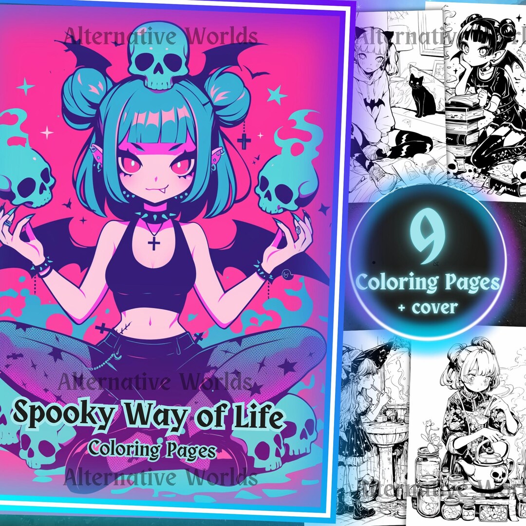 Cute Goth Vampire Witch Coloring Page, Witchy Magic Fantasy Grayscale ...