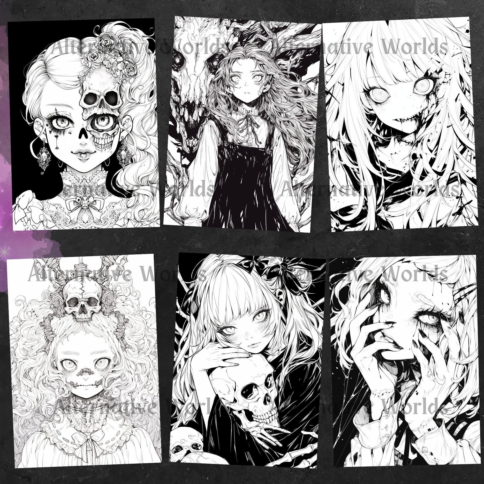 Macabre Gothic Scary Creepy Anime Girl Coloring Page, Dark Anime ...