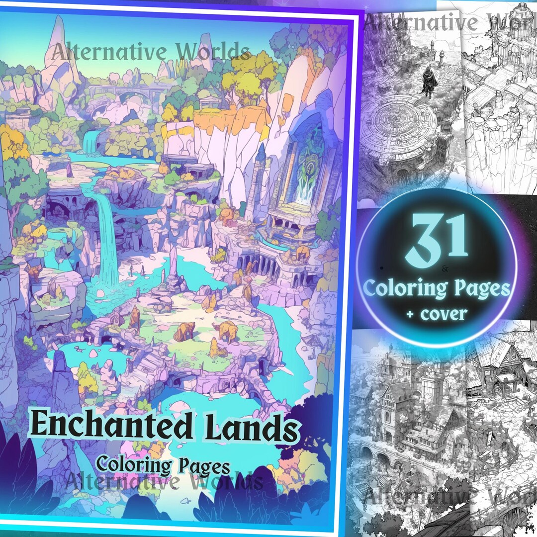 Fantasy Magical World Landscape Coloring Page, Dnd Grayscale Whimsical ...
