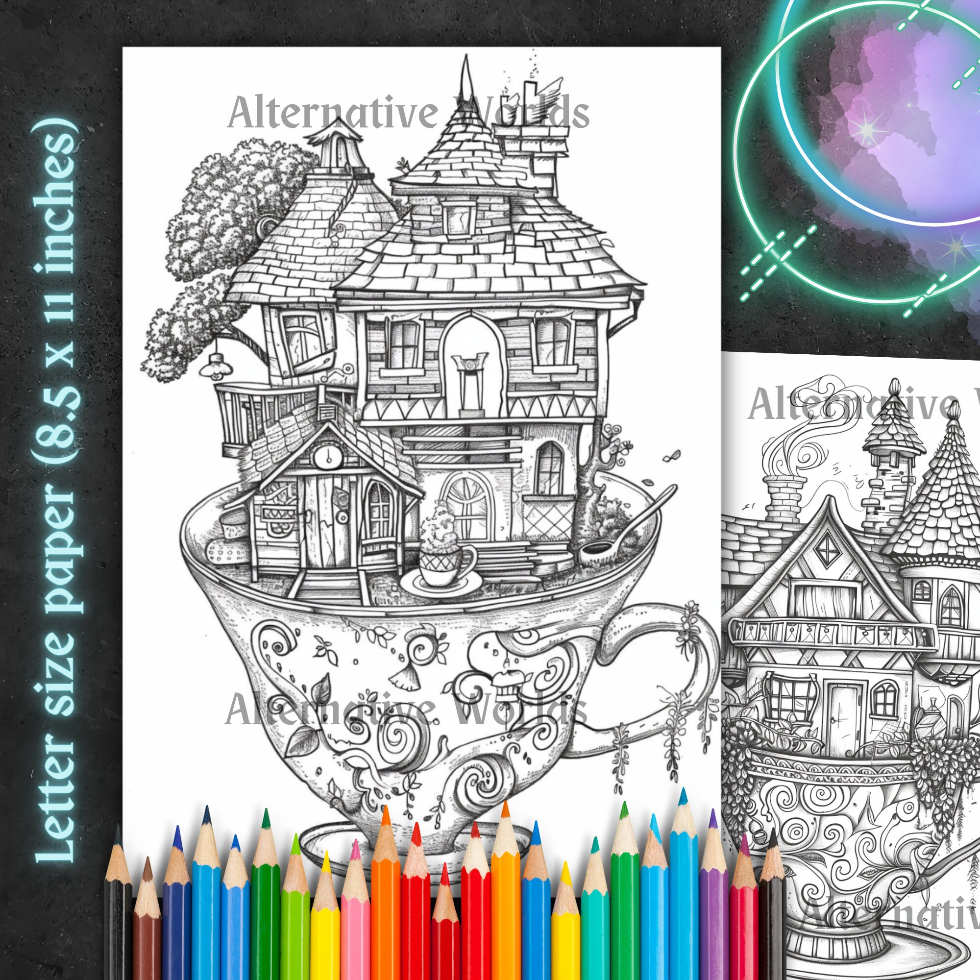 Fantasy Coffee Houses Coloring Page, Flower Garden Cute Fairy House ...