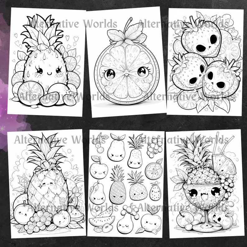 Kawaii Fruits Coloring Book: Pastel Goth Grayscale Printable (PDF) - Etsy