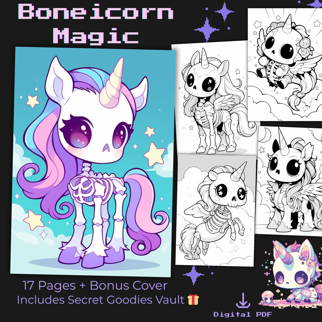 Gothic Skeleton Unicorn Coloring Pages PDF | Spooky Cutie Kawaii Book ...