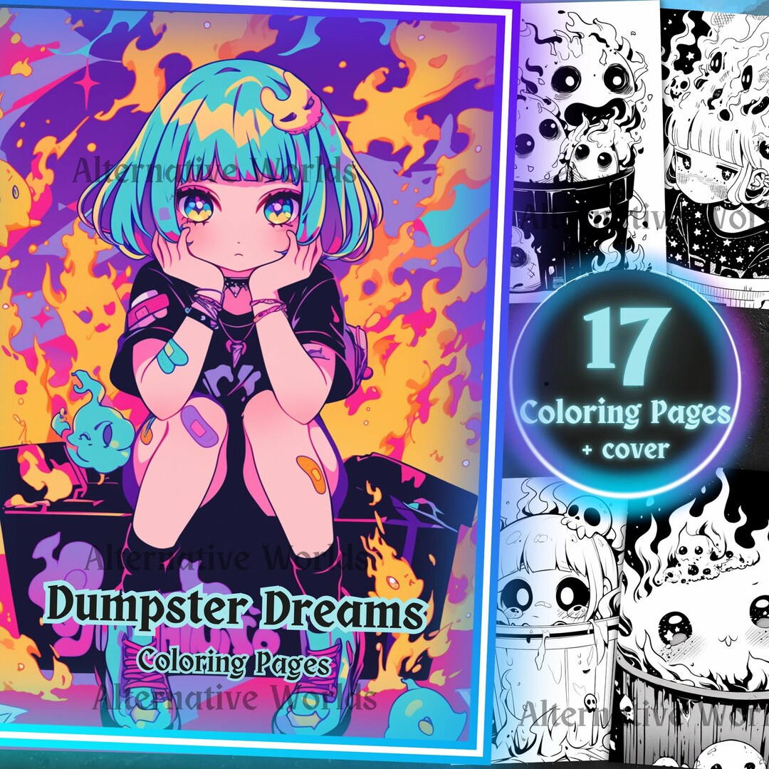 Emotional Dumpster Fire Coloring Page, Pastel Goth Kawaii Spooky Cute ...