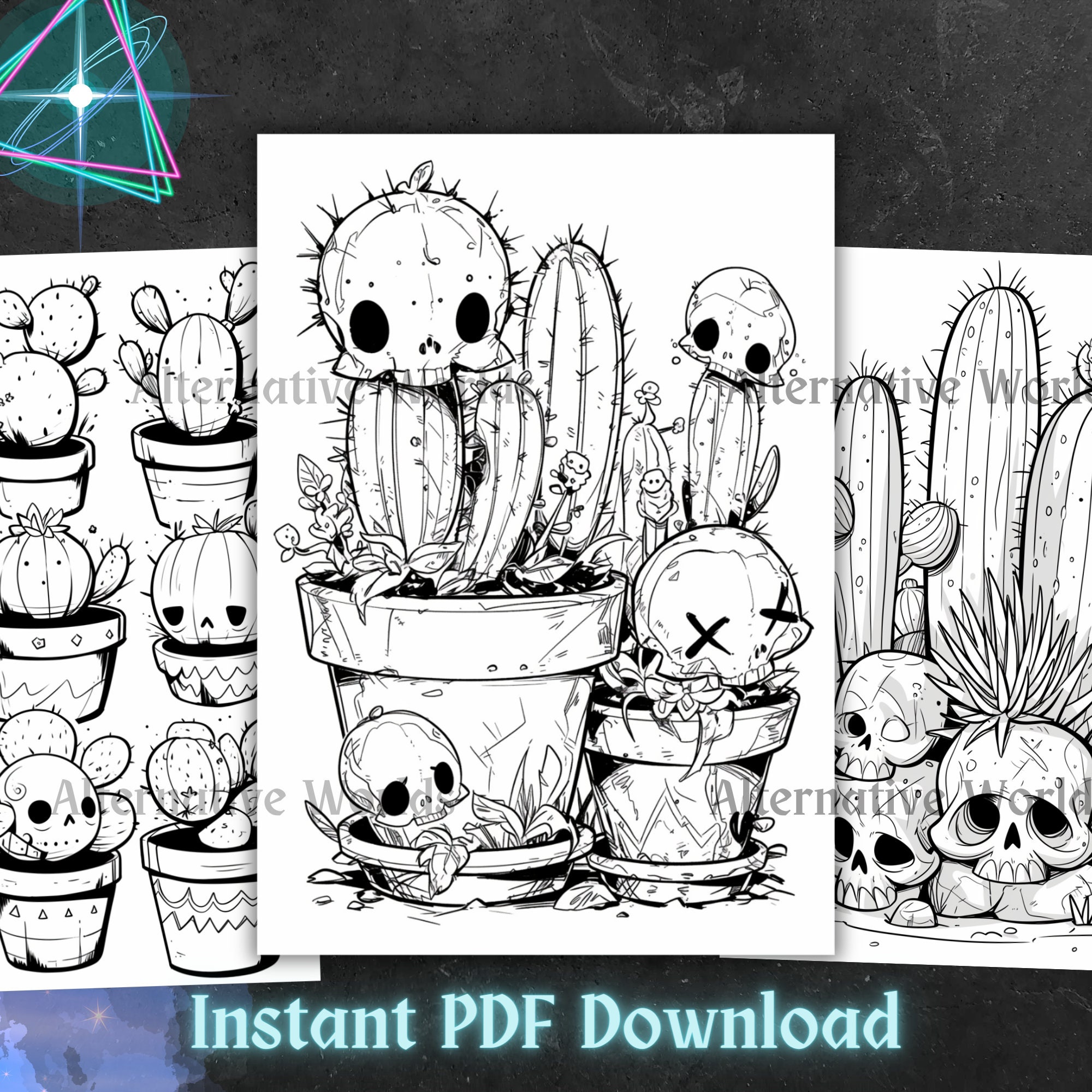 Goth Kawaii Cute Cactus Succulent Flower Coloring Page, Botanical Plant ...
