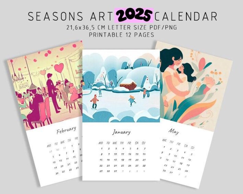 2025 Seasonal Calendar, Printable Desk Wall Calendar, Seasons, Monday ...