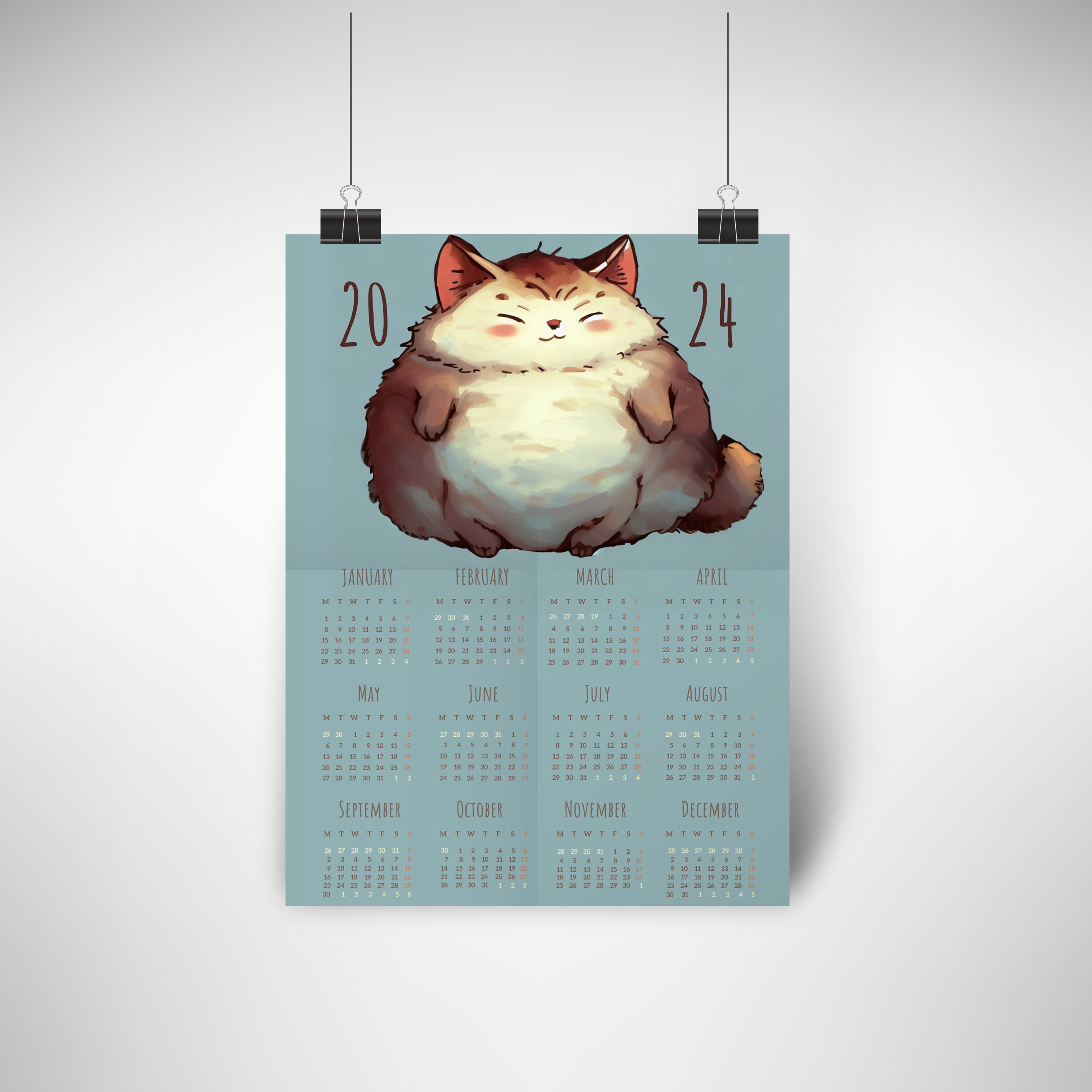 2024 Printable Calendar 2024 Chubby Cat Calendar Cat 2024 - Etsy