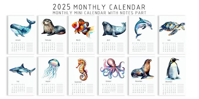 2025 Calendar Printable, 2025 Calendar Printable, Sea Animals Calendar ...