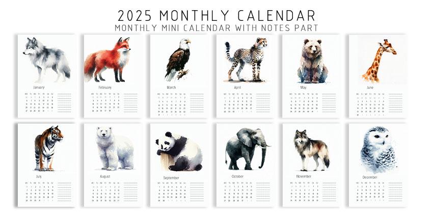 2025 Printable Calendar, 2025 Calendar Printable, Animal 2025 Calendar ...