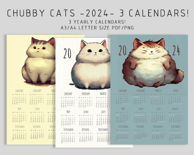 2024 Printable Calendar 2024 Chubby Cat Calendar Cat 2024 - Etsy